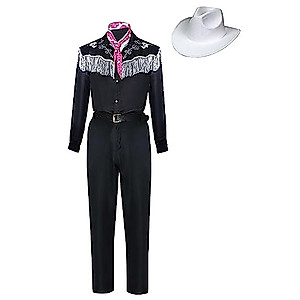 Cekalue Men's Ken Cowboy Costume Margot Robbie 70s 80s Disco Cowgirl Outfit Women Halloween Pink Flare Pants Hat Suit