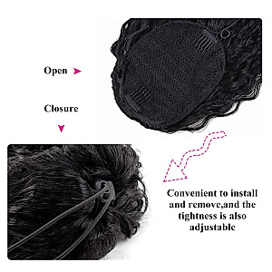 30inch Long Corn Curly Wave Drawstring Ponytail Synthetic High Puff Hair Pieces With Comb Black Wavy Clip in Extensions (1B)