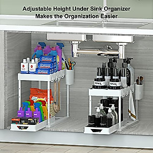 Under Sink Organizers And Storage Liftable Sink Shelf, ONADAK 2 Tier Sliding Under Bathroom Cabinet Organizer Drawer with 4 Hooks & 1 Hanging Cup Under Kitchen Sink Storage Bathroom Organizer(White)