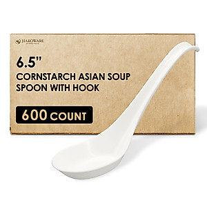 [600 COUNT] HAKOWARE by HARVEST PACK Disposable Asian Soup Spoons with Hook, made from Plastic, for Take-out Ramen Pho Noodles