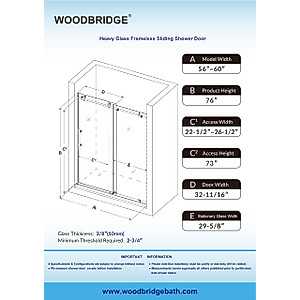 WOODBRIDGE Frameless Sliding Shower, 56"-60" Width, 76" Height, 3/8" (10 mm) Clear Tempered Glass, Black Finish, Designed for Smooth Door Closing. MBSDC6076-MBL, 60"x 76" Matte Black
