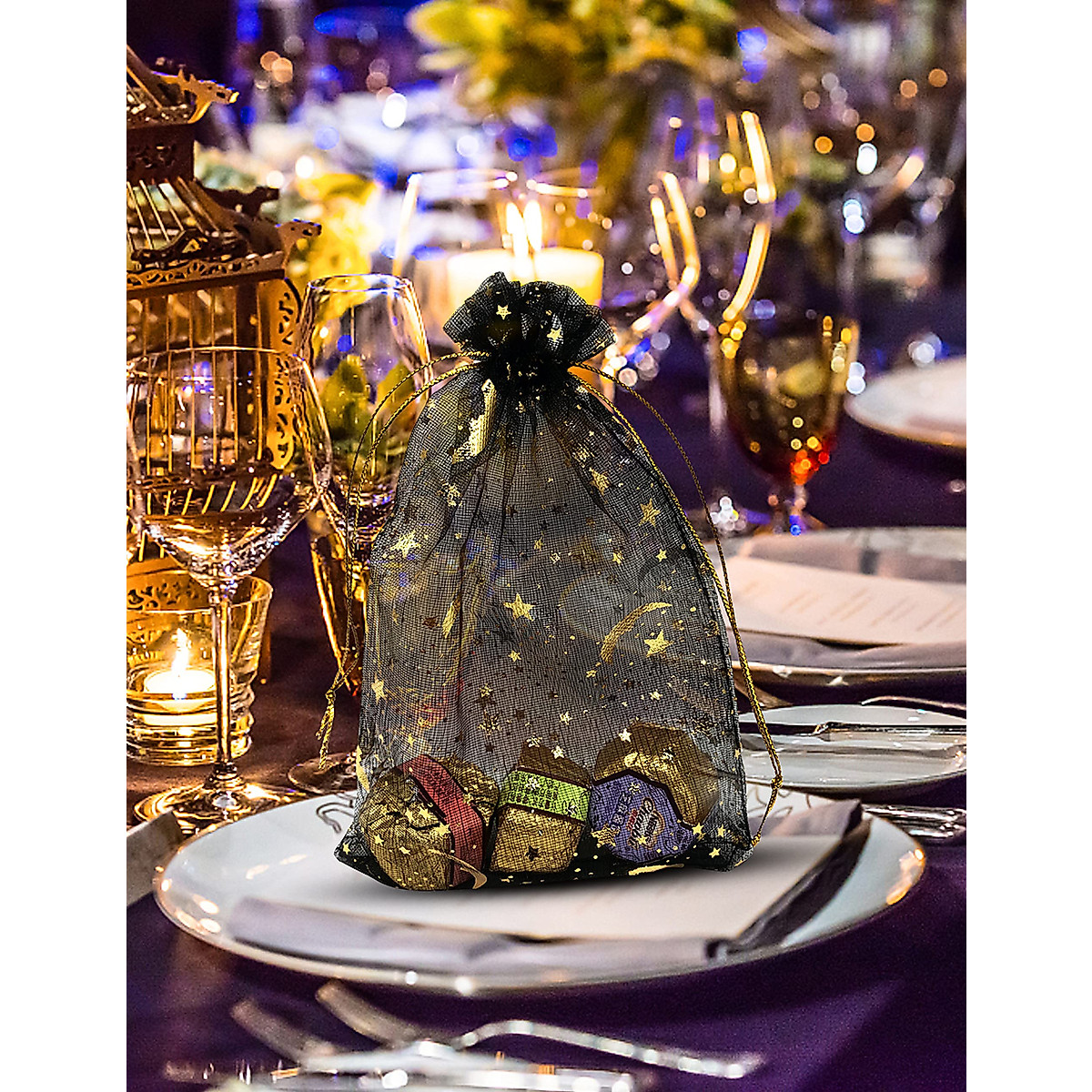 Jexila 100PCS Black Organza Bags 4X6 with Drawstring Jewelry Bags Small Moon Star Mesh Bags for Wedding Party Favor Candy Bags