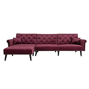 EMKK Red Velvet Convertible Sofa Bed Sleeper Reversible Sectional L-Shape Lounge Adjustable Backrest Couch for Living Room/Small Apartment