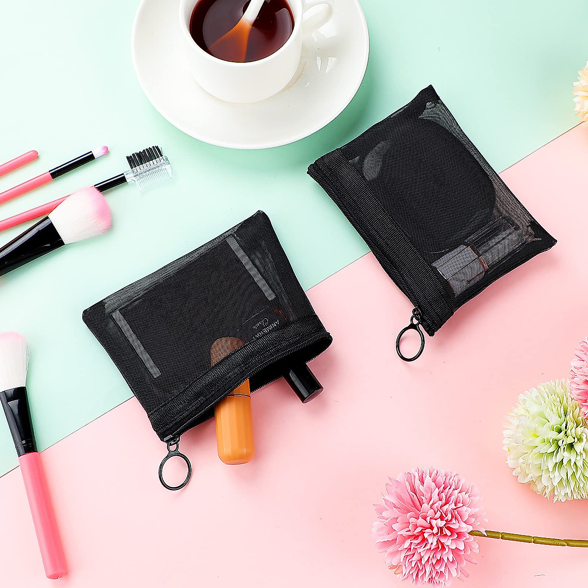 Black Small Zipper Pouch Mesh Mini Cosmetic Bag Coin Purse Bulk Mesh Coin Pouch Organizer for Women Travel Home, 5 x 4 Inch(20 Pcs)