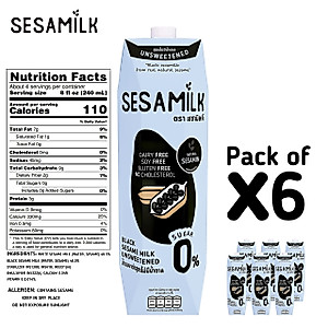 Sesamilk: Sesame Milk (Unsweetened Black Sesame Milk), 33.8 Fl Oz (Pack of 6) Vegan Dairy Free│Soy and Nut Free │Gluten Free │Low Sodium │0% Sugar │Halal