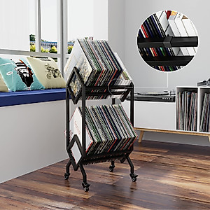 GiftGo Mobile 2 Tier Vinyl Record Storage Holder Black Metal Display Stand with Casters Easy to Move LP storage Book Album Storage Magazine Office Files Organizer Shelf