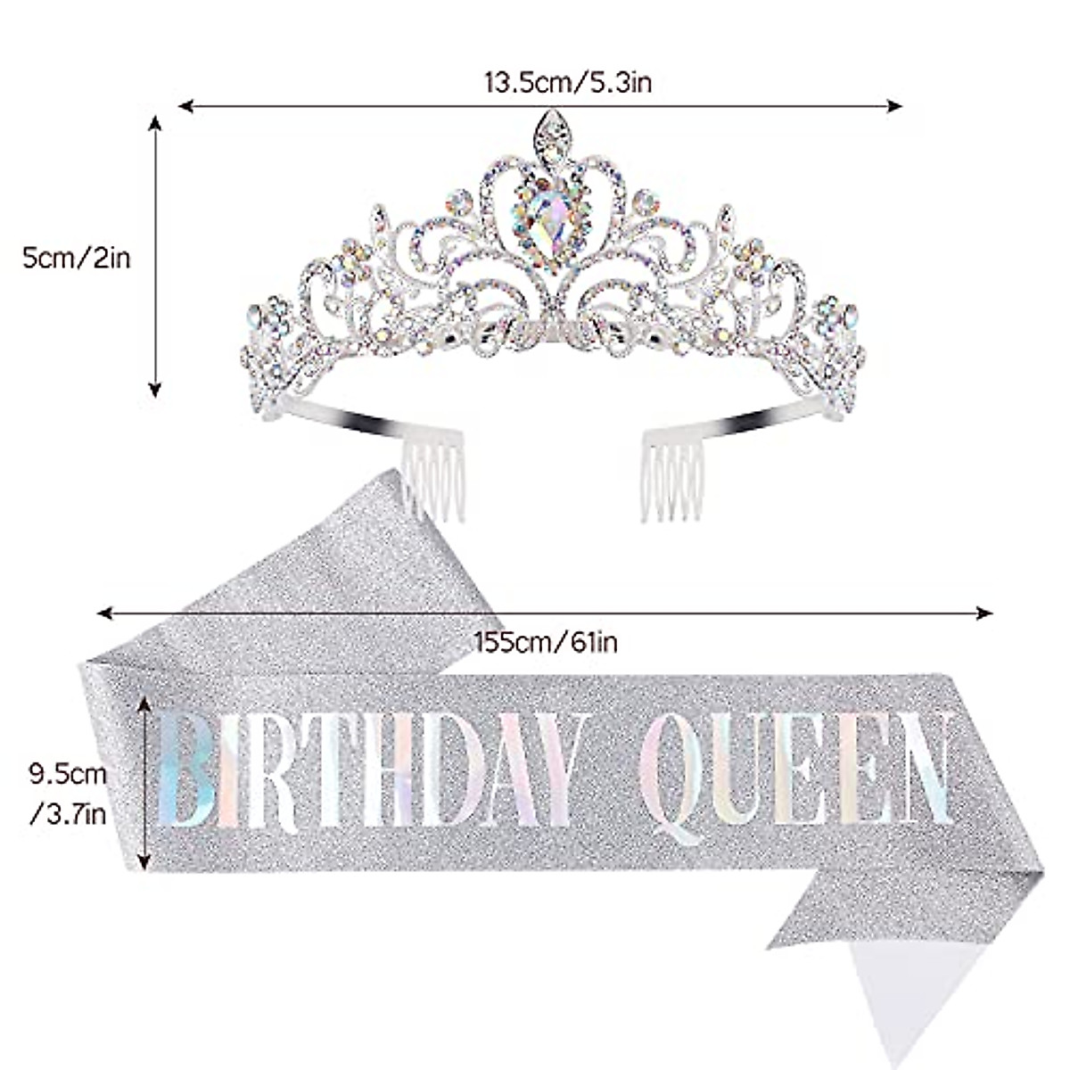 Casoty Birthday Queen Sash & Rhinestone Tiara Set, AB Rhinestones Birthday Crowns for Women, Happy Birthday Queen Tiara for Women with Comb, Birthday Tiara for Women, Birthday Sash and Tiara for Women
