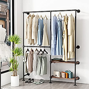 IronJiaZu Industrial Pipe Clothes Racks with Black Shelves, Industrial Pipe Black Clothing Rack with Double Hanging Rods, Heavy Duty Wall Mounted Clothing Rack Rod for Closet Storage, Bedroom