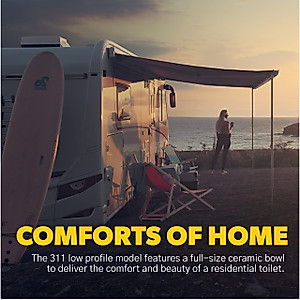 Dometic 311 Gravity Flush Toilet | White | Low Profile | Slow- Close Seat | Power Flush, Foot Pedal Flush Operation | 13.5" Seat Height for Compact Areas