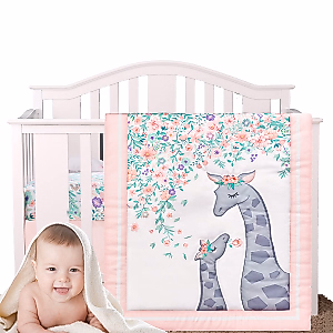 Yolent Baby Girl Crib Bedding Sets Crib Set for Girls Mini Floral Nursery Crib Bedding Sets 3 Piece Pink and Grey Princess Crib Bedding Set
