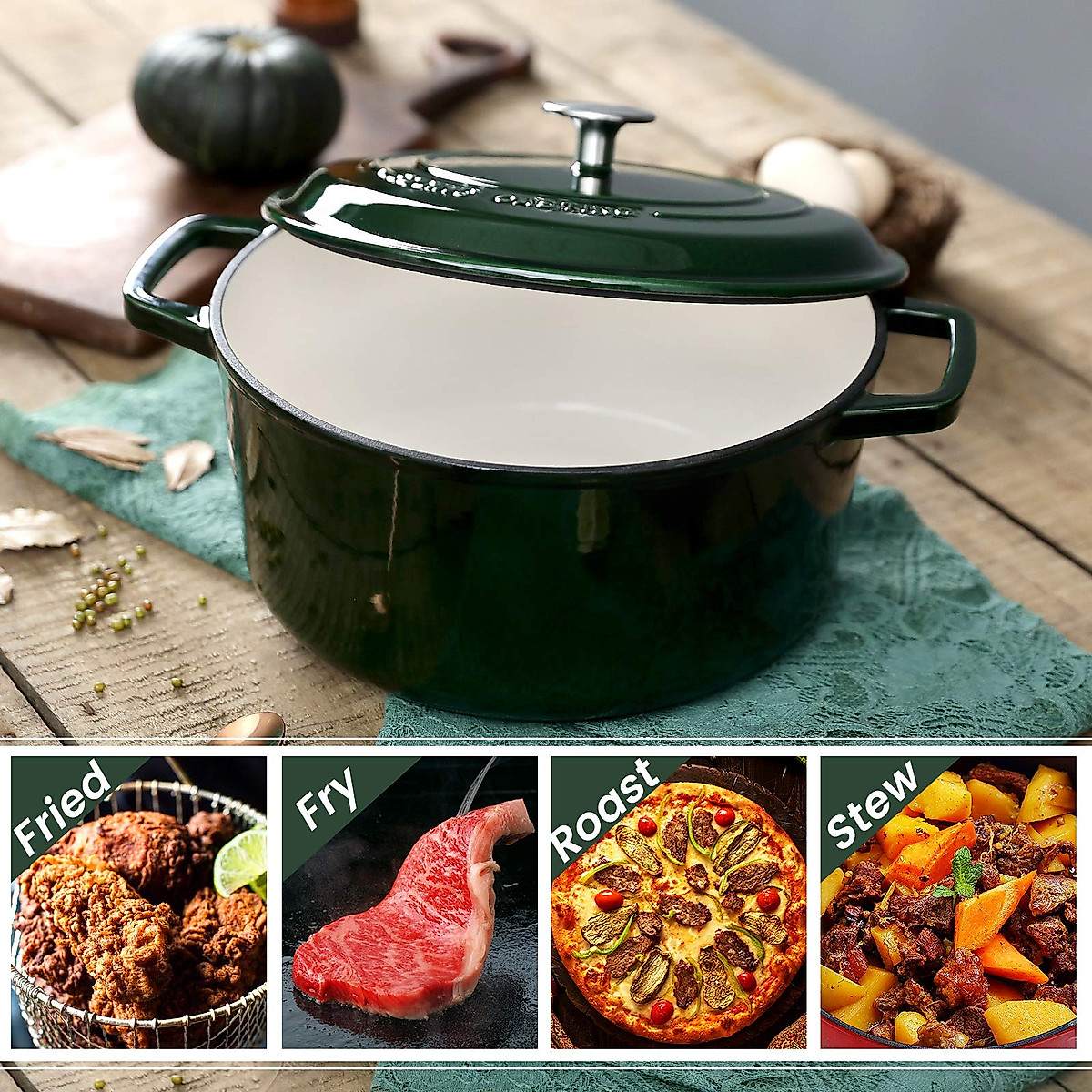 Enameled Cast Iron Dutch Oven with Lid, Enamel Dutch Oven Pot with Handles, Enamel Cast Iron Dutch Oven Cookware Casserole Braiser for Soup, Meat, Bread, Baking (7.5 quart, Green)