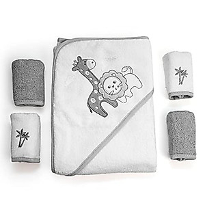 Spasilk Baby Cotton Terry Hooded Towel & Washcloth Bath Shower Set for Newborns and Infants, Gray Lion