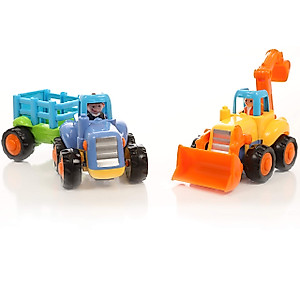 IQ Toys Friction Powered Cars, Push and Go Toy Trucks Construction Vehicles Toys Set for 1 2 3 Year Old Baby Toddlers Bulldozer, Tractor, Early Educational Gifts 2PCS