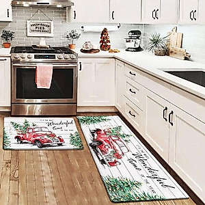 KIMODE Christmas Kitchen Rugs Set of 2,Red Truck Xmas Tree Kitchen Rugs and Mats,Anti Fatigue Non Slip Kitchen Floor Mat,Farmhouse Comfort Standing Mat,Christmas Decorations for Home Kitchen