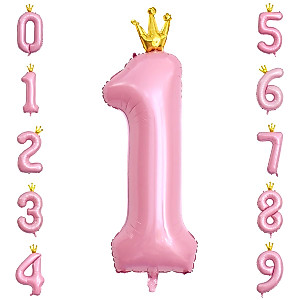 40 Inch Crown Pink Number 1 Balloon, Big Conjoined Baby Pink Foil Mylar Helium 1 Balloon | Girls 1st Birthday Balloon Pink Princess Theme Baby Shower First Birthday Party Decorations Supplies