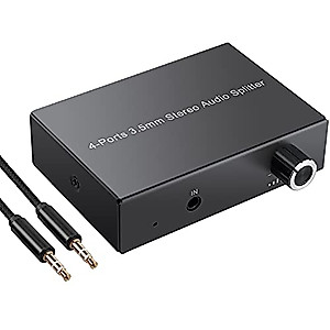 LiNKFOR 4 Port 3.5mm Stereo Audio Splitter, 3.5mm Audio Splitter Switcher Supports 4 Outputs Simultaneously with Volume Control for Passive Speaker, Headphone, PC, MP3, Laptop