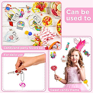 Deekin 147 Pcs Candyland Party Favors Set Include 24 Lollipops Keychains 24 Candyland Silicone Wristbands 50 Candy Stickers 24 Thank You Tags and White Organza Bags Candyland Party Favors