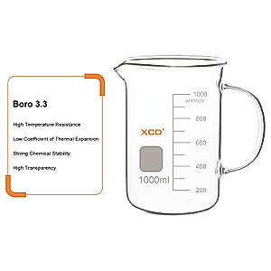 XCD Glass Beaker (1000 ml), Borosilicate Glass Beaker Low Form Griffin Graduated Beaker with Handle and Pouring Spout