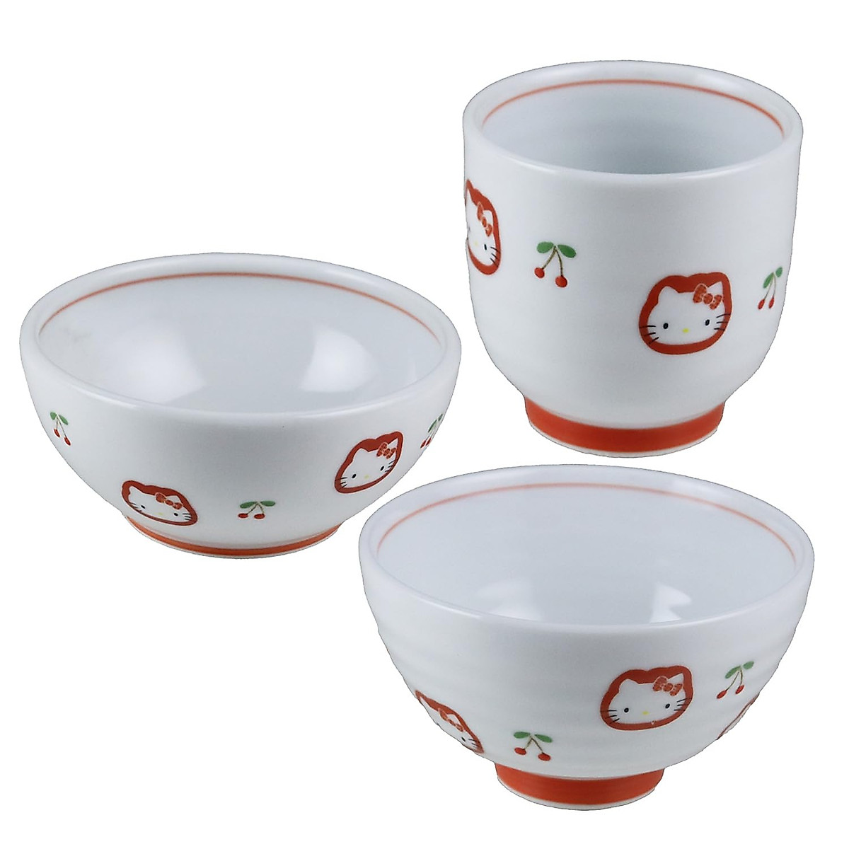 CtoC JAPAN 888321 Hello Kitty Cherry Dining Table Set/Rice Bowl φ4.2 inches (10.7 cm), Tea Cup φ2.9 inches (7.4 cm), Small Bowl φ4.7 inches (11.9 cm), Arita Ware, Made in Japan