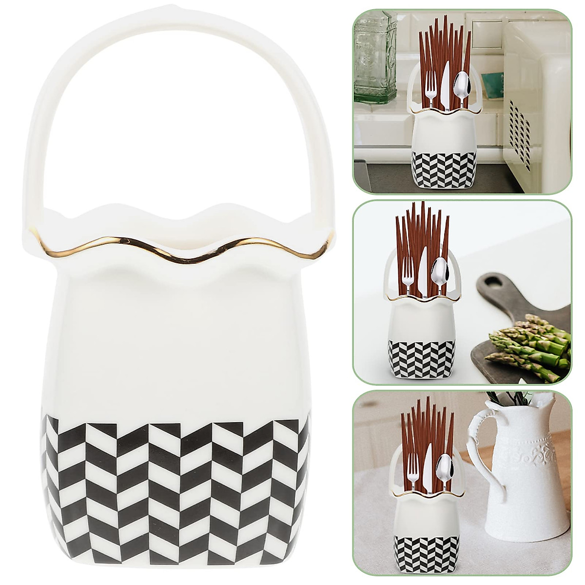 HEMOTON Ceramic Utensil Holder Caddy Organizer: Kitchen Flatware Silverware Tableware Container Holder Chopsticks Storage Basket Cup for Spoon Forks Dining Table Black