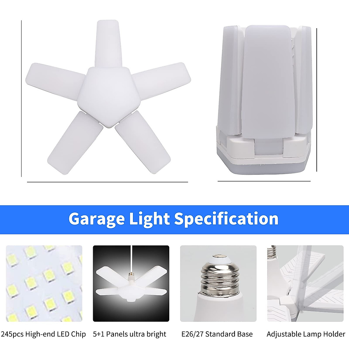 TUODAW LED Garage Lights 2 Pack, The New 100W Deformable LED Shop Lights with 5 Adjustable Panels, E26/E27 LED Ceiling Light, 10000LM 6500K Hight Bay Light for Basement Warehouse Workshop