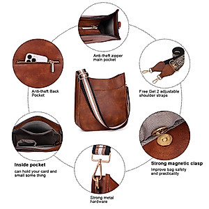 HKCLUF Crossbody Bag for Women Trendy Vegan Leather Hobo Handbags Women Fashion Shoulder Bucket Bags Cross-body Purse with 2PCS Adjustable Strap(Dark Brown)