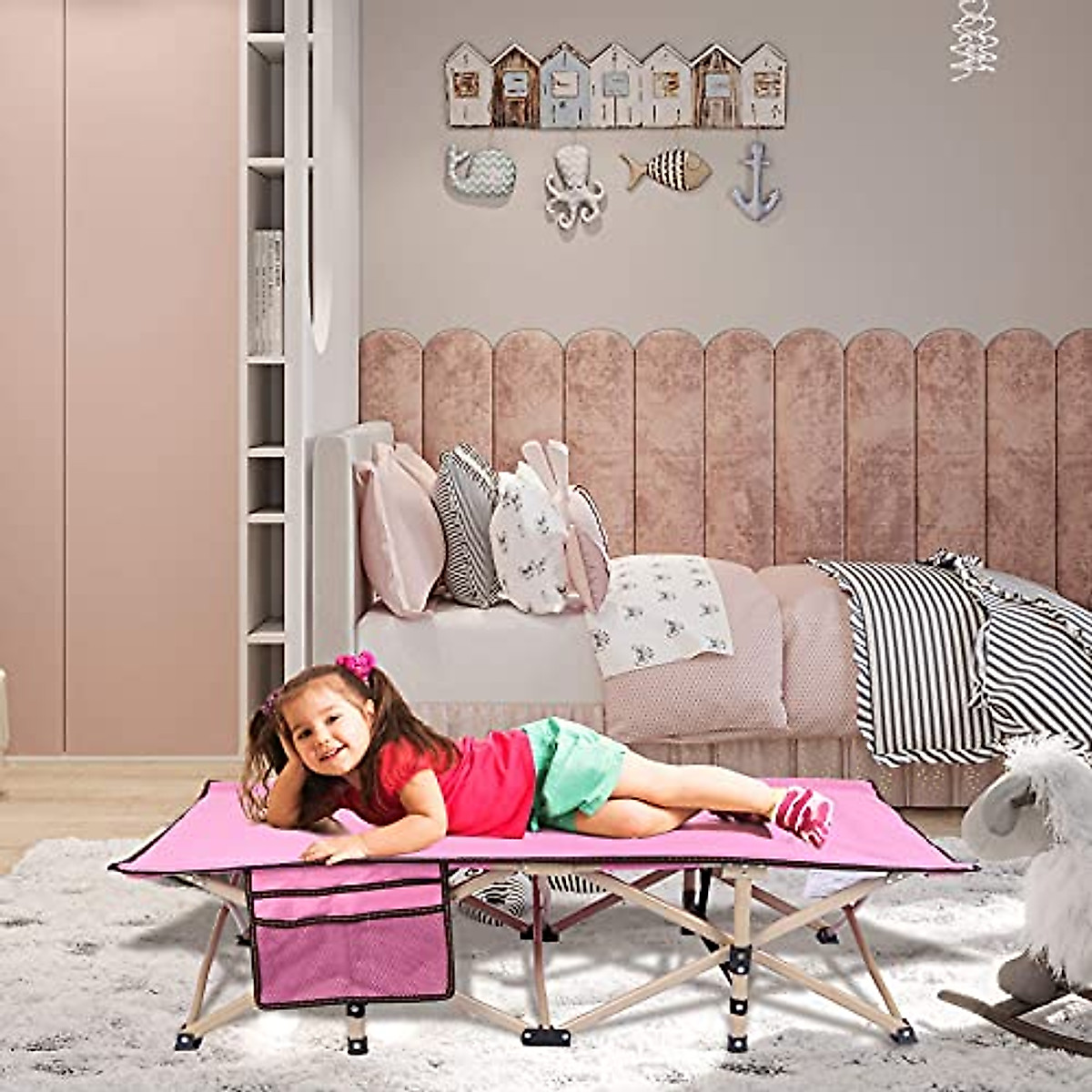 REDCAMP Folding Kids Cot for Sleeping 5-10, Portable Toddler Cot Bed Child Travel Cot for Camping, Pink 53''x26''