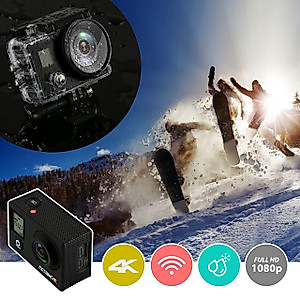 SereneLife 4K Ultra HD WiFi Pro Sport Action Camera - 1080p UHD Sports Mini Digital Video Camcorder Kit w/ 2" Monitor Screen - Waterproof Case, Strap, Helmet Mount Accessories Included - SL4KDSBK