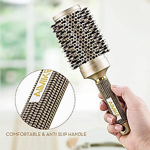 AIMIKE Round Brush Set, Nano Thermal Ceramic & Ionic Tech Hair Brush, Round Barrel Brush with Boar Bristles for Blow Drying, Enhance Texture for Styling, Curling and Shine, 1 Tail Comb + 4 Hair Clips