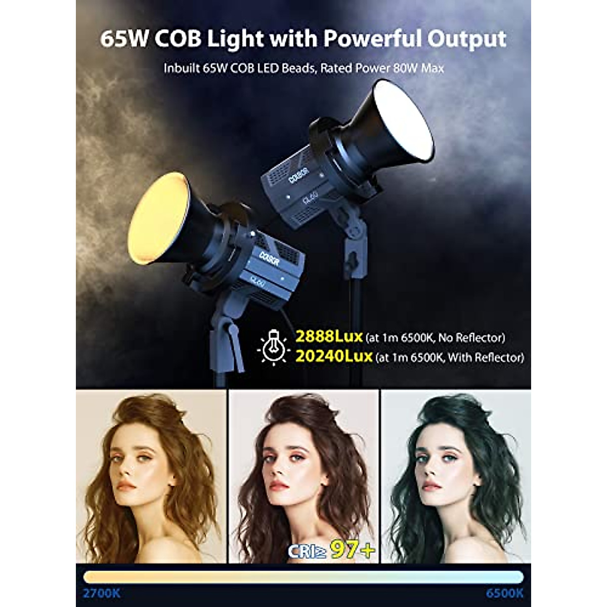 Video Light, COLBOR CL60 65W COB LED Continuous Output Lighting 2700k-6500K CRI97+ Monolight with Bowens Mount APP Control for Outdoor Shooting Filming Conference, LED-Video-Light-Photography-Studio