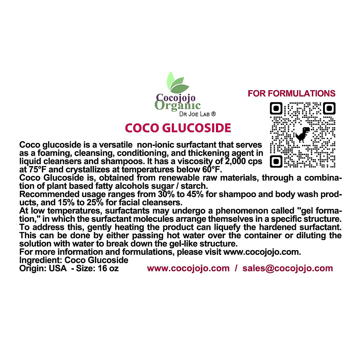 cocojojo Coco Glucoside Natural Surfactant - Surfactants for Soap Making DIY Shower Gel, Skin Care, Body and Face Wash, Plant Derived, Natural - 16 Oz