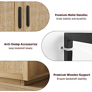 CABIHOME 5 Tier Rattan Bookshelf with Storage Cabinet & Door, 71.1 Inch Tall Industrial Book Shelf with Open Display Shelves, 5 Shelf Bookcase with Metal Frame for Living Room, Bedroom (Burlywood)