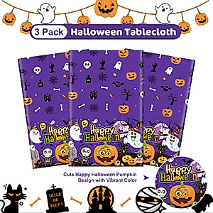 3 Pcs Happy Halloween Tablecloth - Halloween Cute Pumpkin Ghost Plastic Table Cloth Disposable Rectangular Purple Table Covers for Halloween Table Decorations Party Supplies Decor, 108 x 54 Inch