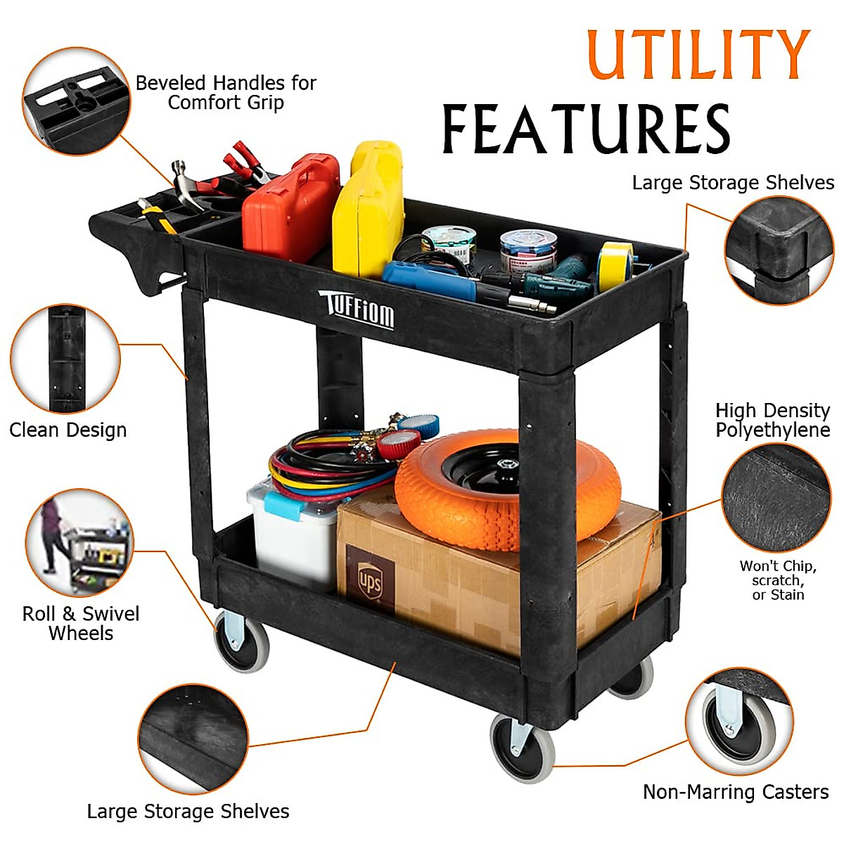 TUFFIOM Plastic Service Utility Cart with Wheels, 550lbs Capacity Heavy Duty Tub Storage Cart W/Deep Shelves, Multipurpose Rolling 2-Tier Mobile Storage Organizer, for Warehouse Garage Industrial