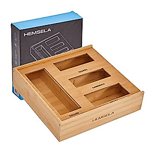 HEMSELA Ziplock Bag Organizer, kitchen drawer organizer with foil and plastic wrap, aluminum foil organizer, ziplock bag dispenser With Cutter, Compatible for Gallon, Quart, Sandwich & Snack (Wooden)