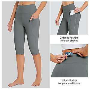BALEAF Women's Yoga Capri Pants Knee Length Leggings High Waisted Petite Casual Workout Exercise Capris with Pockets Gray L