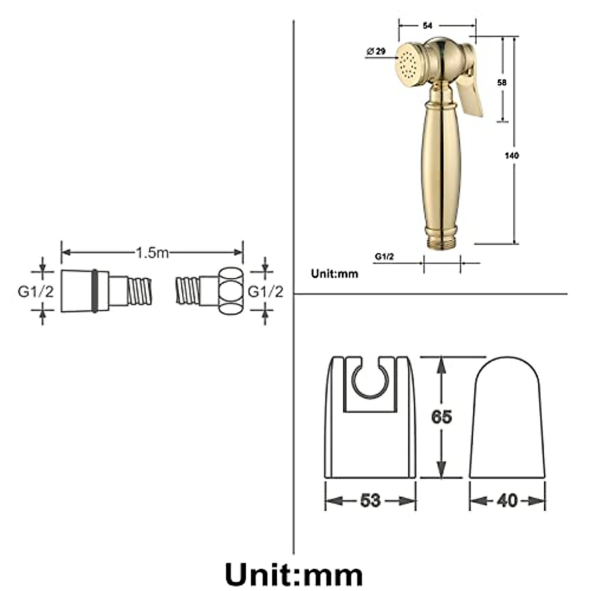 ZLOCYIVHE Handheld Toilet Bidet, Cloth Diaper Sprayer Bidet Faucet Mixer Tap, 1.5m 304 Stainless Steel Shower Pipe, ABS Shower Base,Chrome(Titanium Gold)