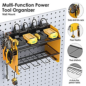 CCCEI Modular Power Tool Organizer Wall Mount with Charging Station. Garage 4 Drill Storage Shelf with Hooks, Screwdriver, Drill Bit Heavy Duty Rack, Tool Battery Holder Built in 8 Outlet Power Strip.
