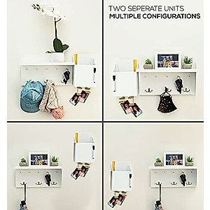 Mail & Key Organizer Wall Mount - With Key Hooks Mail Organizer Holder White Board and Photo Station. Organize and Sort Keys, Letters, and your Agenda with a Wood mounted hanging shelf (White)