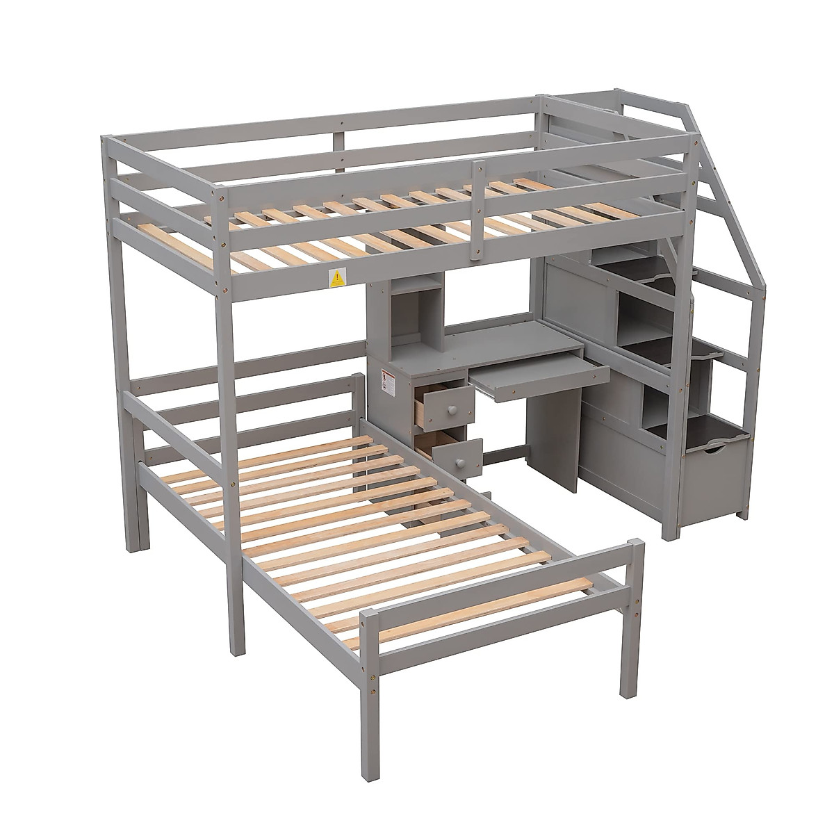 BIADNBZ Twin Over Twin Bunk Bed with Stairs Storage, Desk, Shelves and Drawers, Wood L-Shaped Bunk Bed Convertible into Loft Bed with Staircase and a Platform Bedframe, Gray