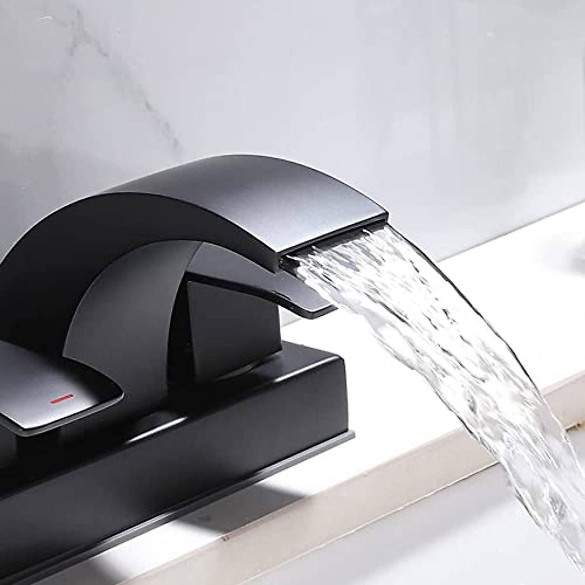 BANGPU 4 Inch Centerset Sink Faucet 3 Hole Centerset Sink Faucet 2 Handle Bathroom Basin Faucet Waterfall Lavatory Vanity Faucet 4 Inch with Pop Up Drain, Matte Black