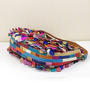 Segater® Women’s Full Sheepskin Tobo Bag Multicolour Patchwork Shoulder Bag 3D Leaf Stripe Pattern Colorful Tassel Handbag Purses Multicoloured