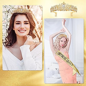GINZU Birthday Queen Sash and Crystal Tiara Set, Gold Tiara and Crowns for Women Birthday Gift for Girl Kit Decorations Set Rhinestone Hair Accessories Glitter Stain Silk Sash for Party
