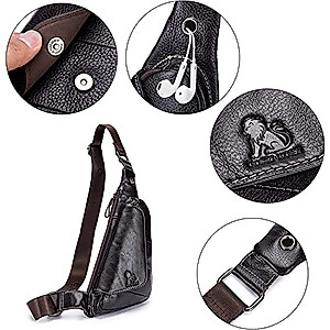 RC ROCKCOW Genuine Leather Sling Backpack Men's Leather Sling bag Triangle Crossbody Bags Multi-pocket Chest Bag Crossbody Daypack with Earphone Hole Casual Crossbody Shoulder Chest Daypack