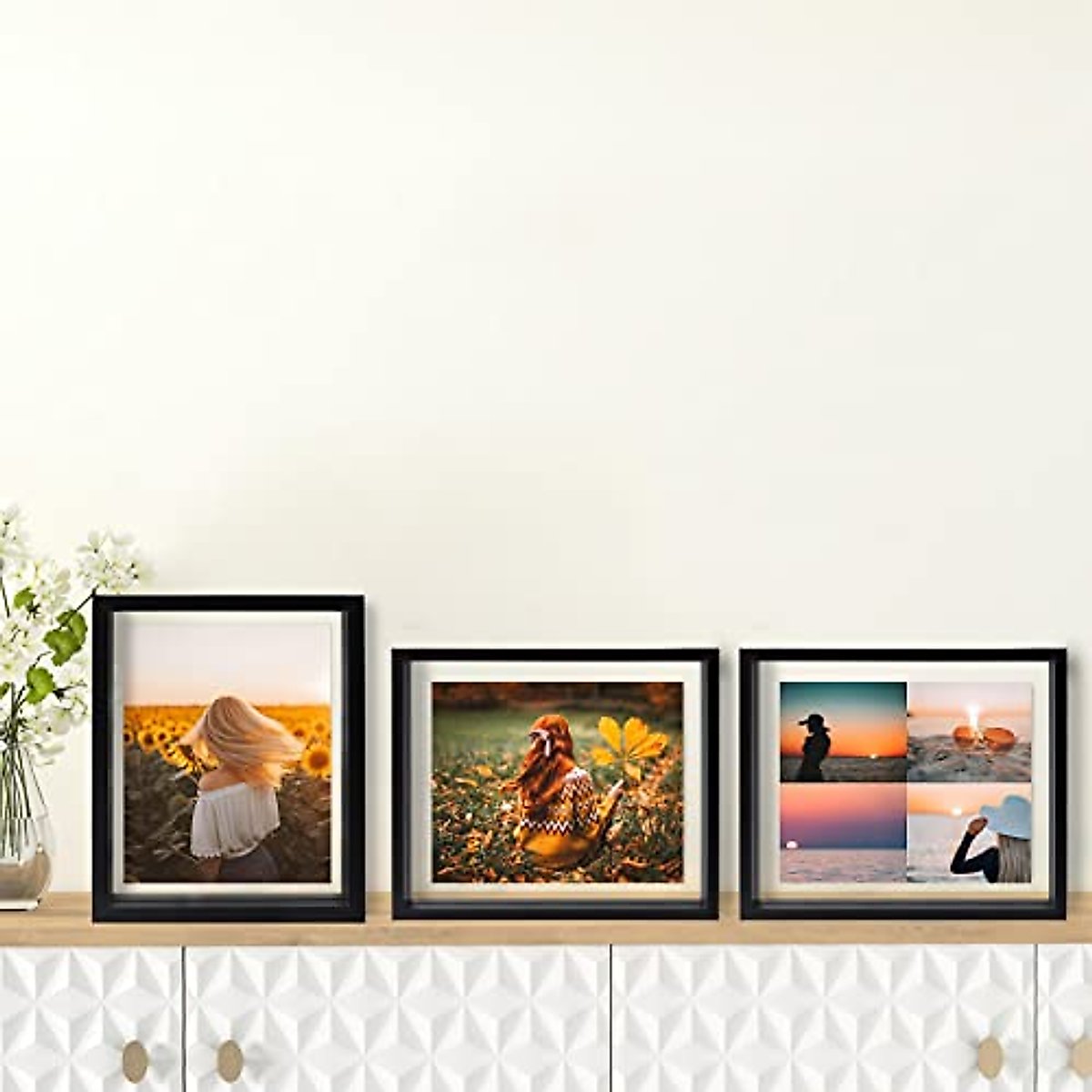 WIFTREY Black 8x10 Floating Picture Frame 2 Pack, Double Glass Distressed Floating Photo Frame for Tabletop or Wall Mount, Displays Photo up to 10x12