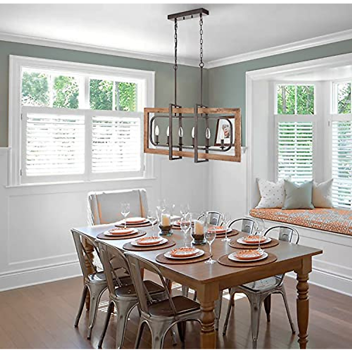 DEYNITE Farmhouse Wood Chandelier for Kitchen Island 6-Light Dining Room Pendant Light Fixtures in Rust & Brown Finish