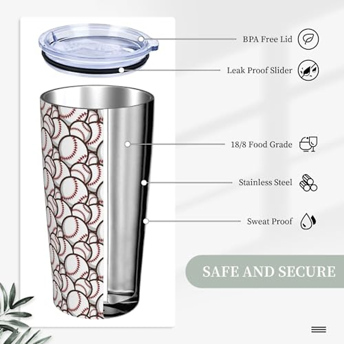 Yaxongx 20oz Tumbler Sport Ball Baseballs Double Wall Vacuum Insulated Coffee Mug with Lid and Metal Straw Brush Reusable Stainless Steel Water Bottle Travel Cup Gifts for Car Ice Drinks Hot Beverage