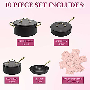 Paris Hilton Iconic Nonstick Pots and Pans Set, Multi-layer Nonstick Coating, Matching Lids With Gold Handles, Made without PFOA, Dishwasher Safe Cookware Set, 10-Piece, Black