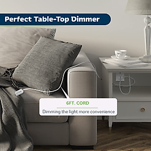 TOPGREENER Table-Top Plug in Dimmer for Table or Floor Lamps, Slide Control, Works with 360 Watt Incandescent/Halogen and 150 Watt Dimmable CFL/LED, Off at Lowest dim, 6ft Cord, TGTTDL300-W, White