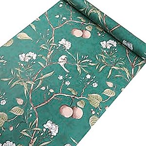 HOYOYO Peach Tree Peel and Stick Shelf Liner Paper, Green Background White Flowers Bird Self-Adhesive Liner Drawer Cabinets Door Surface Living Room Wall Art Decor 17.8 x 118 inch